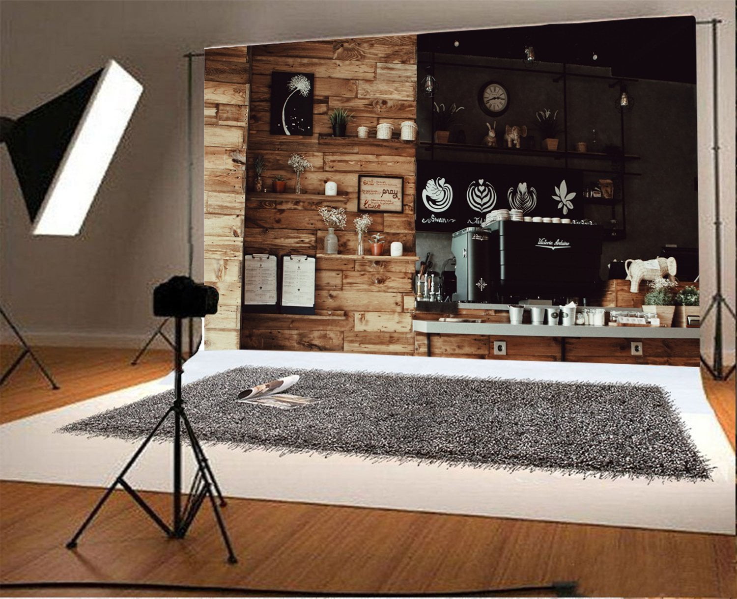 7x5ft Coffee Shop Backdrop Frame Rustic Wood Plank Vintage Clock ...