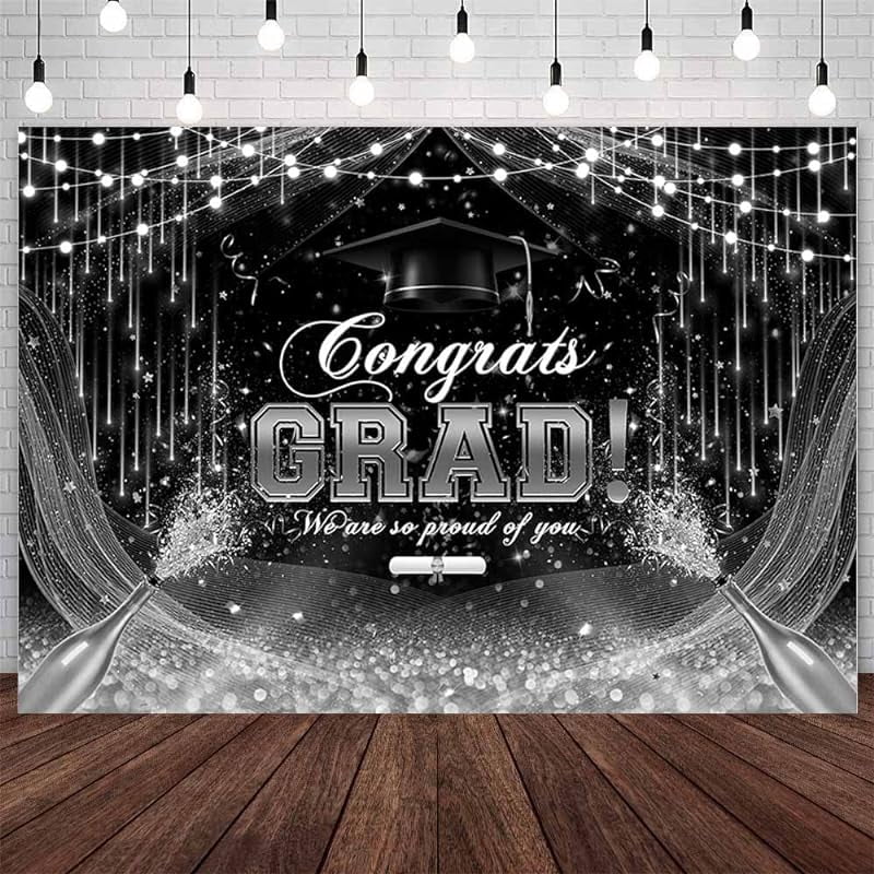 7x5ft Congrats Grad Backdrop Black Silver Glitter Graduation Party ...