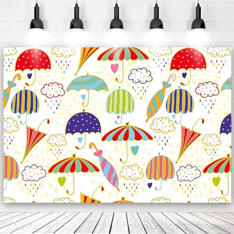 7x5ft Cute Cartoon Umbrella Backdrops Clouds Raindrop Cloudy Decoration ...
