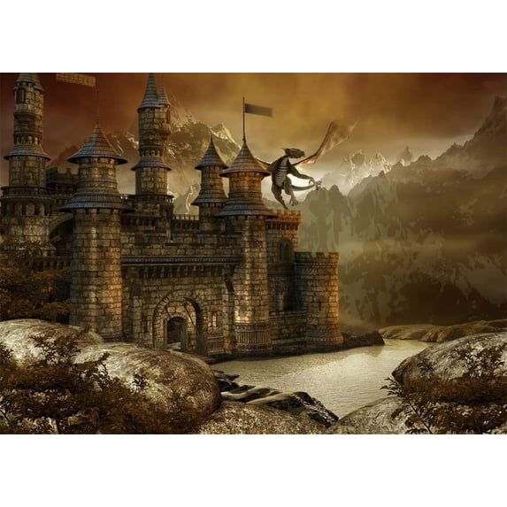 7x5ft Fabric Fantasy Castle Backdrop with Dragon Scene Medieval ...