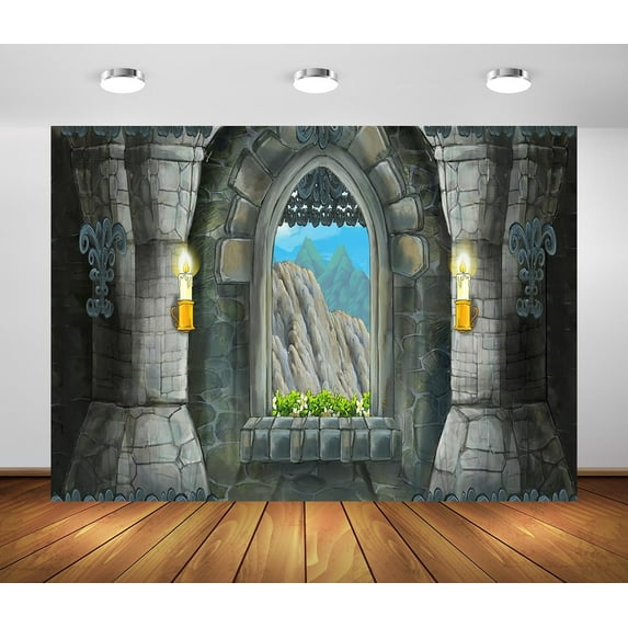 7x5ft Fabric Medieval Castle Backdrop Gothic Arch Stone Window with ...