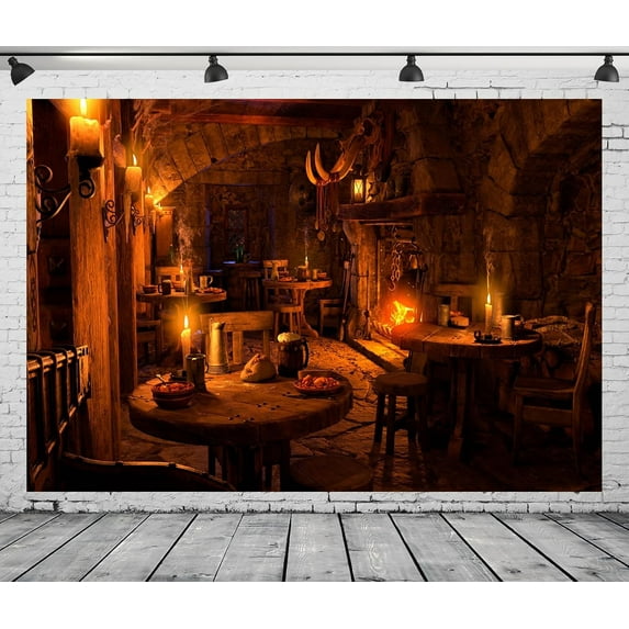 7x5ft Fabric Medieval Tavern Backdrop Photography Burning Fireplace and ...