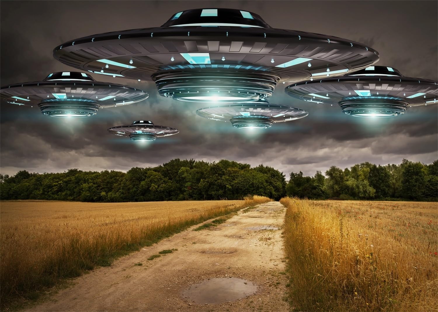 7x5ft Fabric UFO Backdrop Field Science Fiction Alien Spacecraft Flying ...
