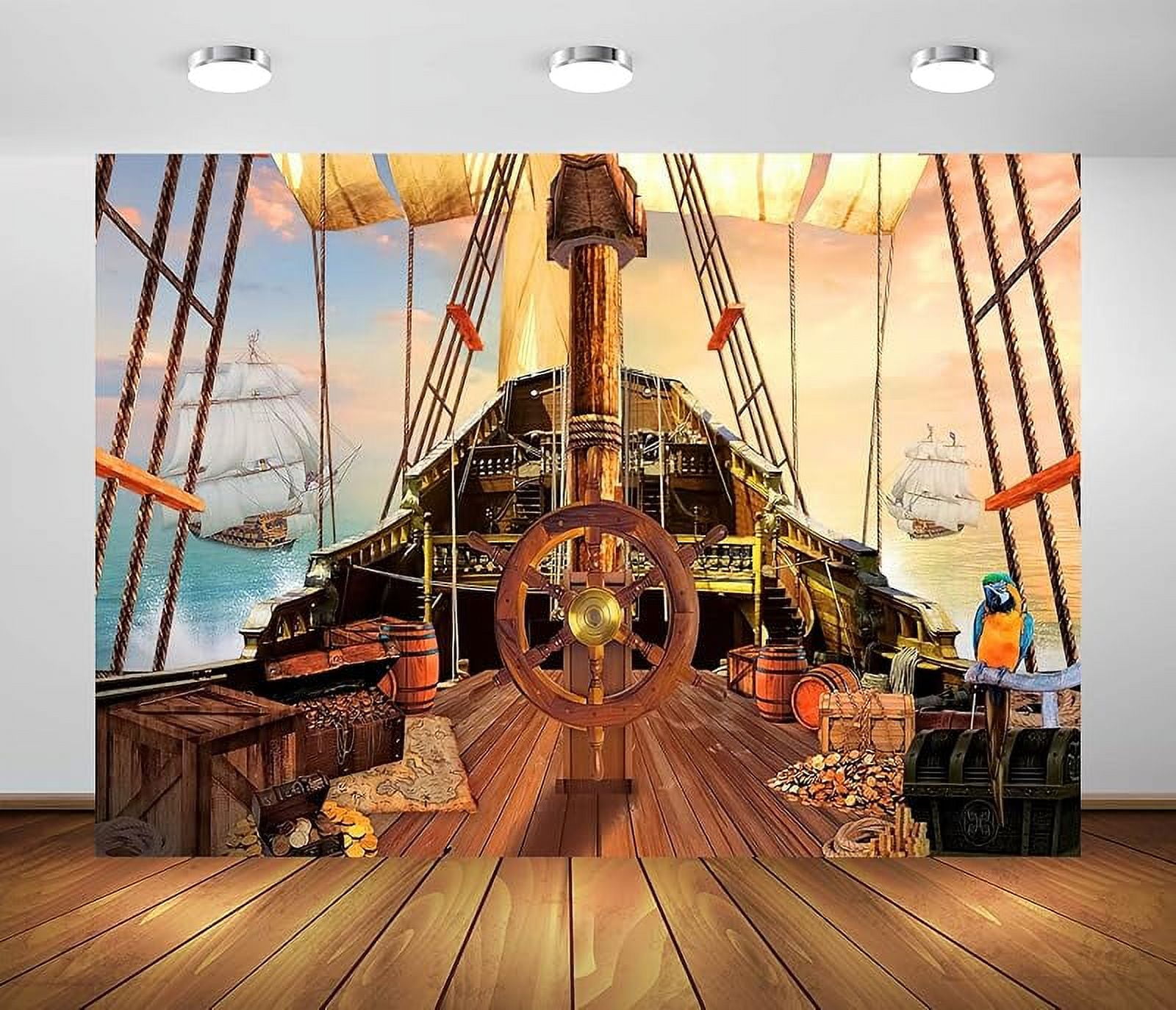 7x5ft Fabric Vintage Pirate Ship Backdrop Wooden Rudder Treasure Chests ...