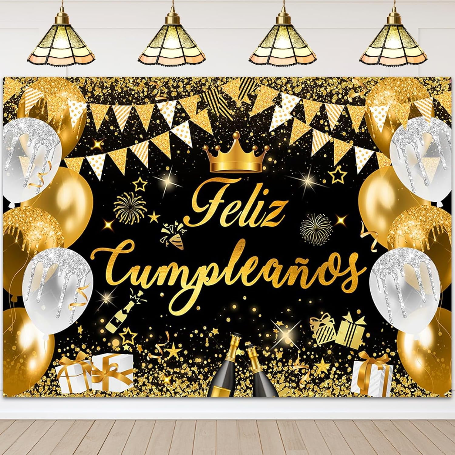 7x5ft Feliz Cumpleaños Backdrop Black Gold Spanish Birthday Photography ...