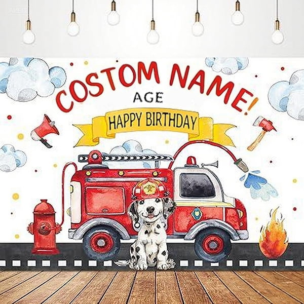 7x5ft Firetruck Birthday Backdrop Fireman Rescue Theme Happy Birthday ...