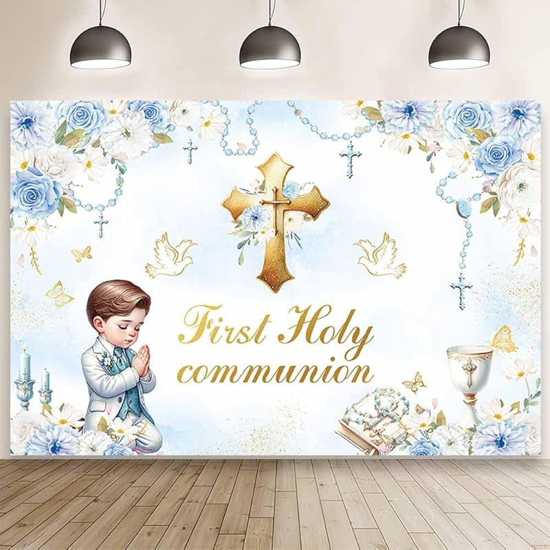 7x5ft First Holy Communion Backdrop for Boy Blue Mi Bautizo Photography ...