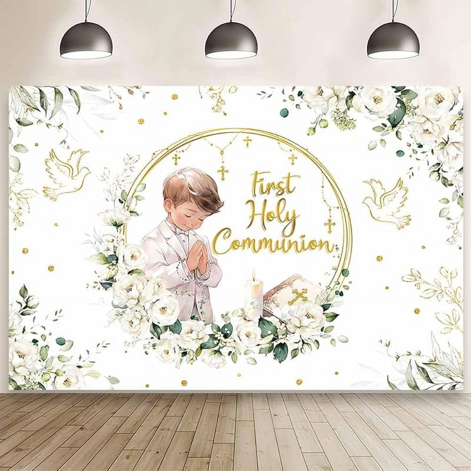 7x5ft First Holy Communion Backdrop for Boy White and Elegant Floral ...