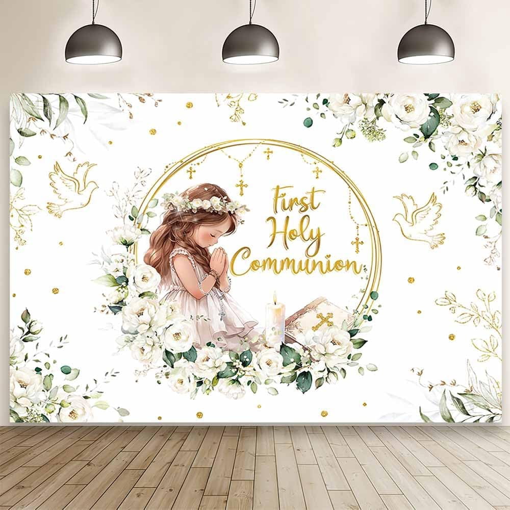7x5ft First Holy Communion Backdrop for Girl White and Elegant Floral ...