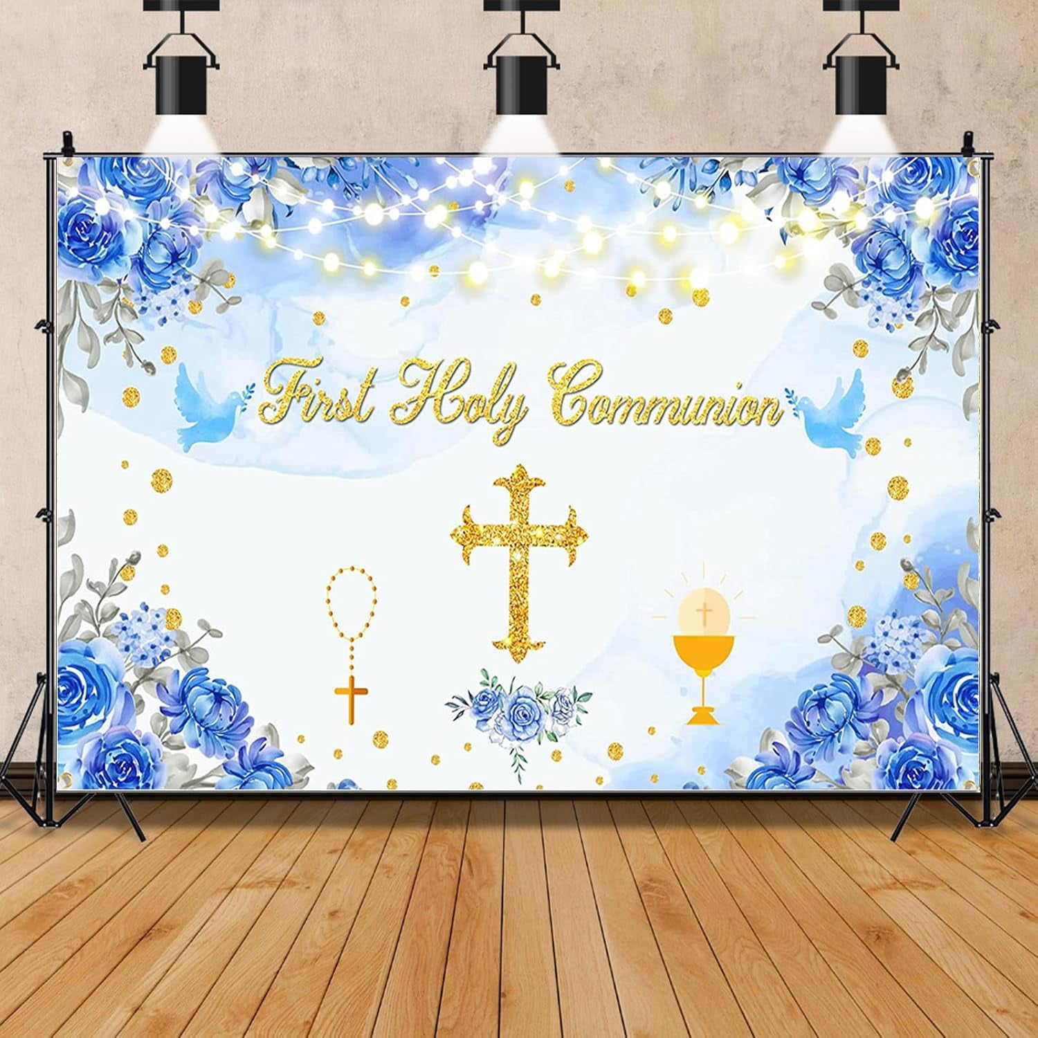 7x5ft First Holy Communion Backdrop Golden Glitter Cross First Mi ...