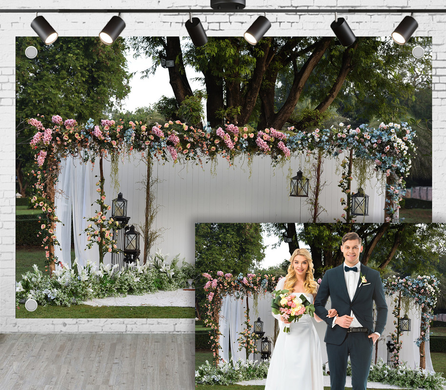 7x5ft Forest Wedding Photoshoot Backdrop White Wall Flowers and Vintage ...