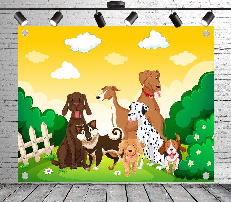 7x5ft Garden Backdrop Cartoon Pet Dog Photo Backdrop Grass Background ...