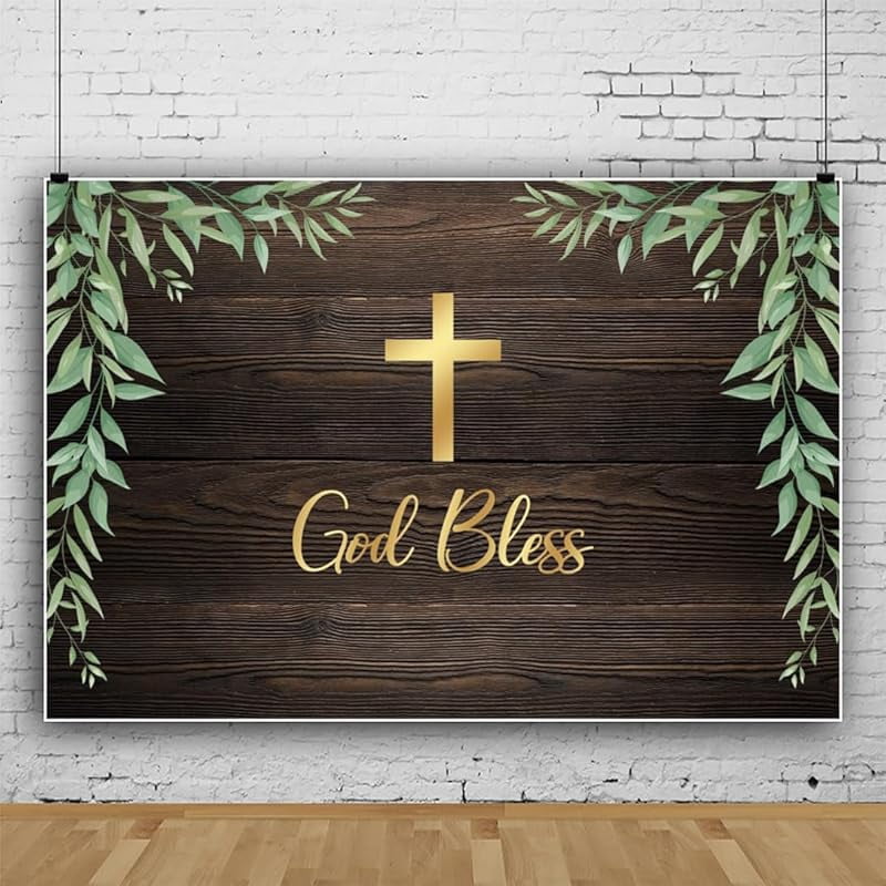 7x5ft God Bless Baptism Backdrop Brown Wood Green Leaves First Holy ...
