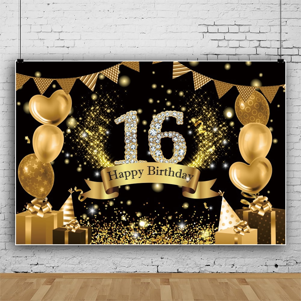 7x5ft,Gold 16th Birthday Backdrop,Happy Birthday Photography Background ...