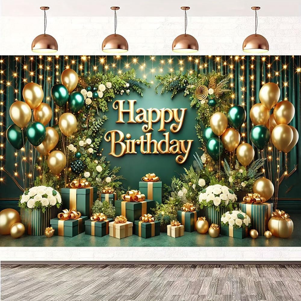 7x5ft Green Gold Birthday Backdrop for Men Women Boys Girls Happy ...