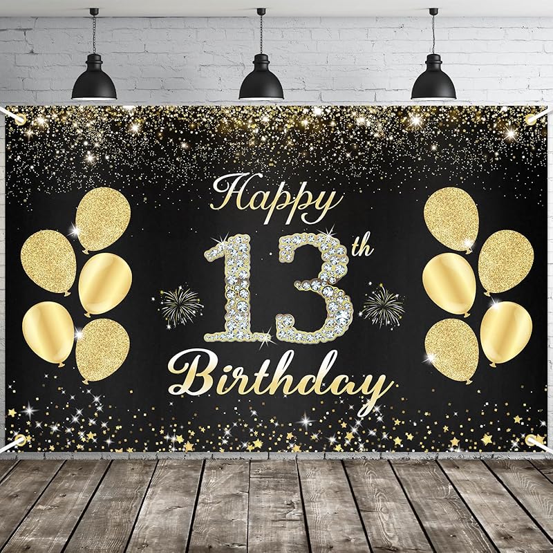 7x5ft Happy Birthday Backdrop Black Gold 13th Birthday Party Background ...
