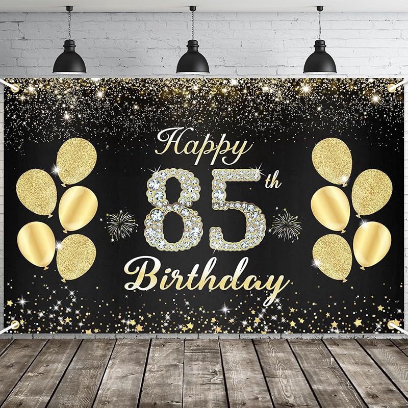 7x5ft Happy Birthday Backdrop Black Gold 85th Birthday Party Background ...