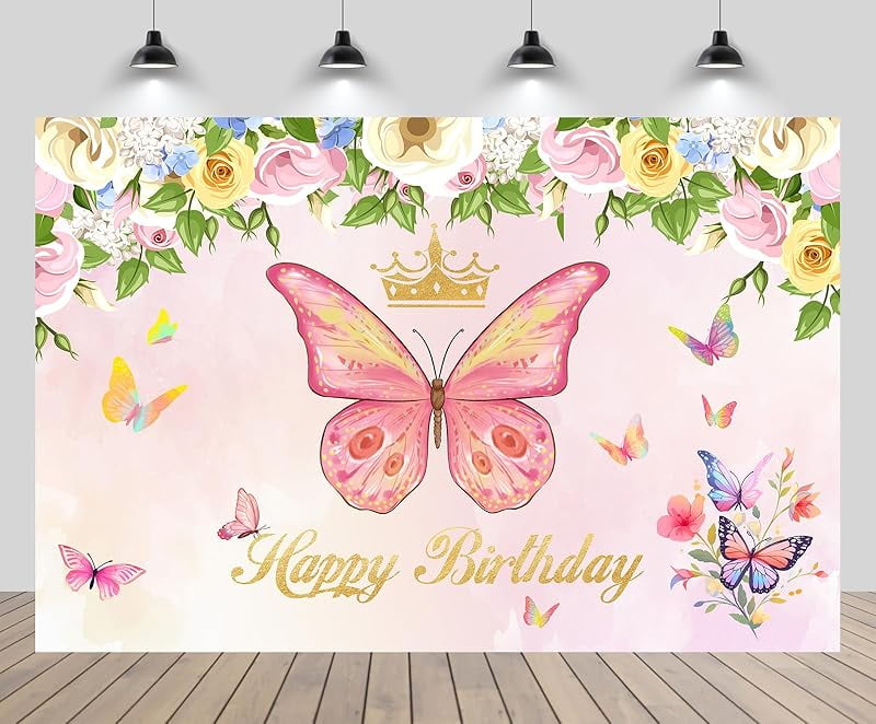 7x5ft Happy Birthday Backdrop Butterfly Crown Girls Birthday Pink Theme ...