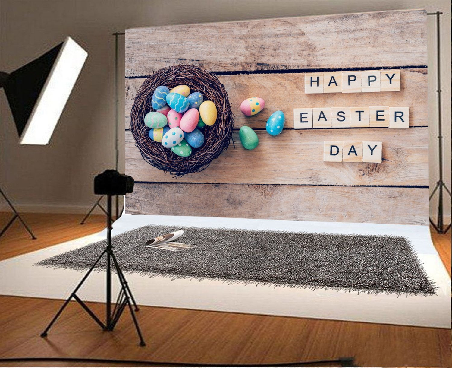 7x5ft Happy Easter Day Backdrop Bird Nest Painted Eggs Rustic Stripes ...