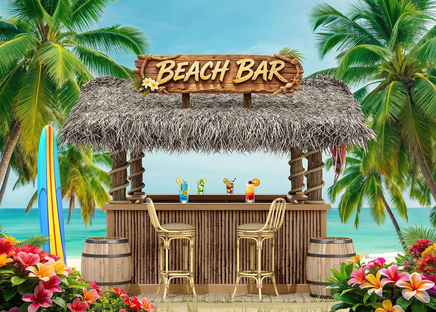 7x5ft Hawaiian Beach Bar Backdrop Ocean Palm Trees Flower Aloha Theme ...