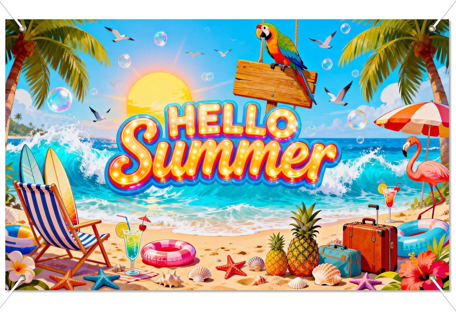 7x5ft Hello Summer Backdrop Flamingo Parrot Surfboard Palm Tree ...