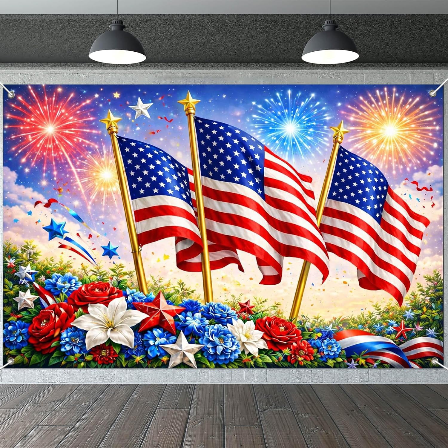 7x5ft Independence Day Backdrop American Flag Fireworks Flowers 4th of ...