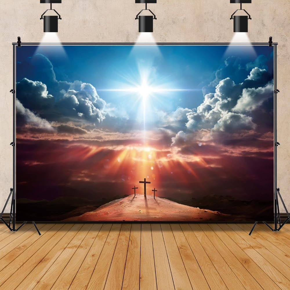 7x5ft Jesus Christ Cross Backdrop Three Crosses on The Tomb Wisdom Light Bokeh Sunset ...