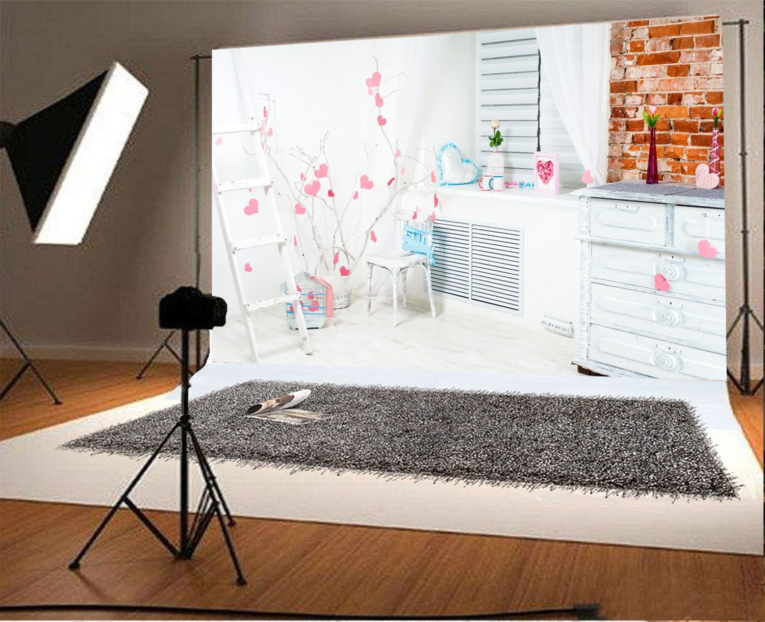 7x5ft Living Room Backdrop Chair White Cabinet Pink Hearts on Tree ...