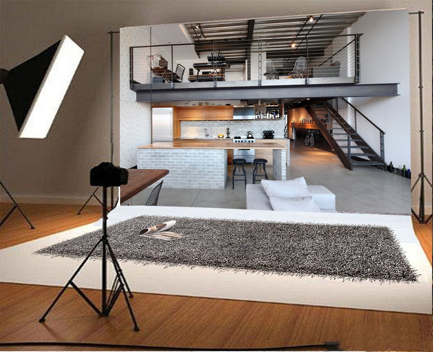 7x5ft Living Room Backdrop Interior Open Kitchen Elegant Stair Sofa ...