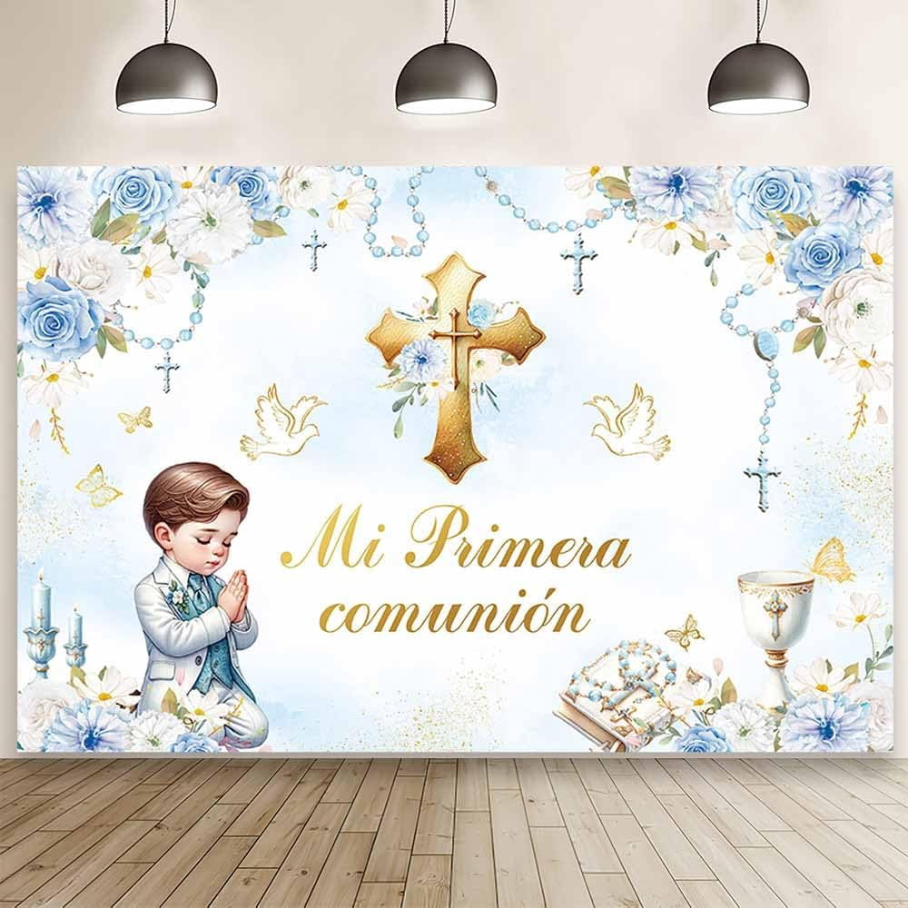 7x5ft Mi Primera Comunión Backdrop for Boy Blue Mi Bautizo Photography ...
