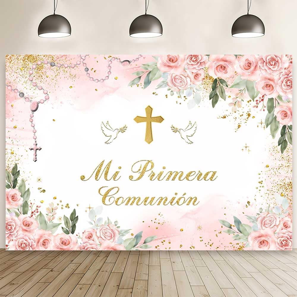 7x5ft Mi Primera Comunión Backdrop Pastel Pink Mi Bautizo Photography ...
