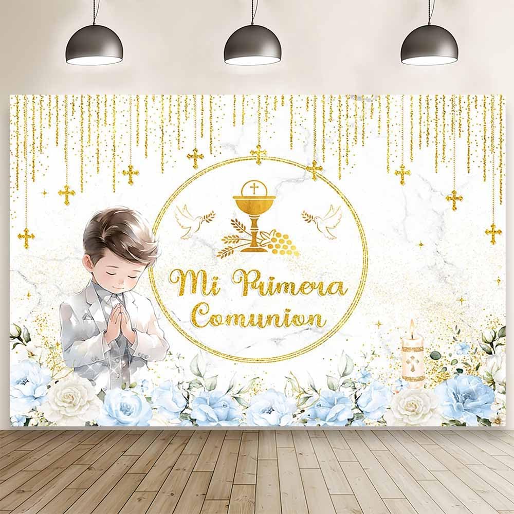 7x5ft Mi Primera Comunion Backdrop for Boy Gold Fringe Blue Floral ...