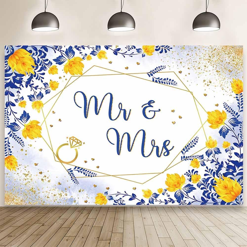 7x5ft Mr and Mrs Floral Backdrop Blue and Gold Bridal Shower ...