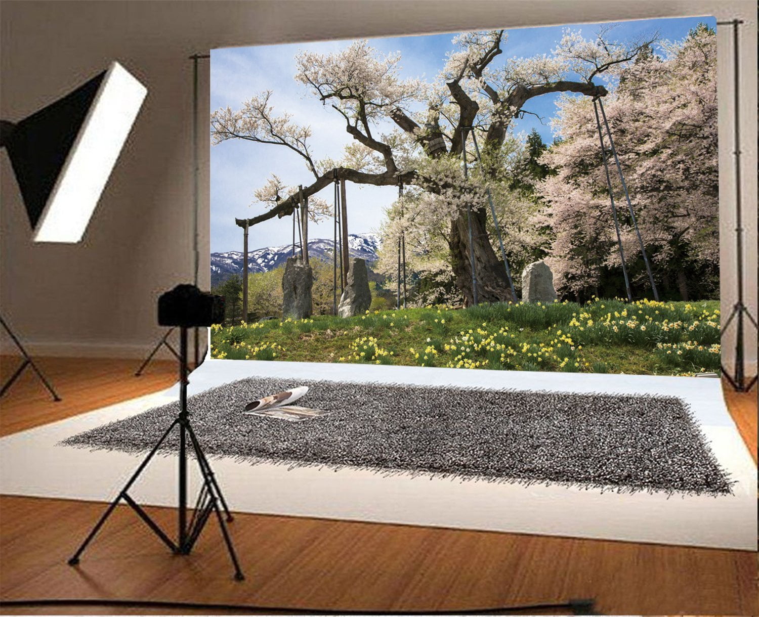 7x5ft Nature Landscape Backdrop Cherry Blossom Grass Field Ice Mountain ...