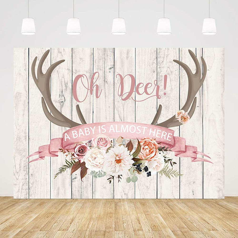 7x5ft Oh Deer Pink Girl Baby Shower Backdrop Antlers Floral Rustic ...