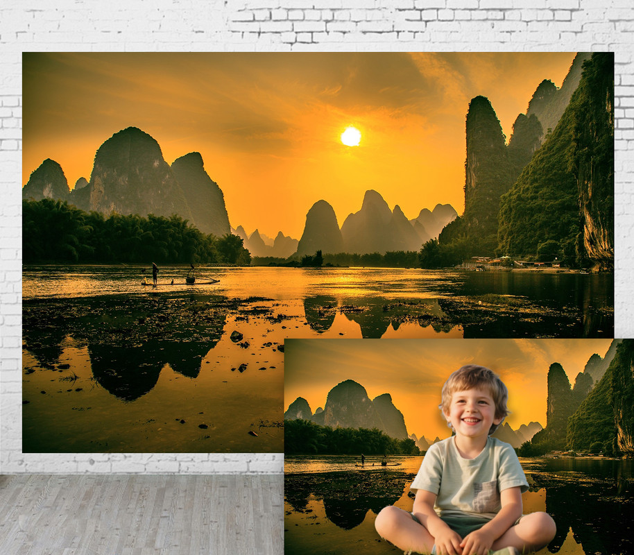 7x5ft Outdoor Background Golden Sunset Mirror River Karst Mountains ...