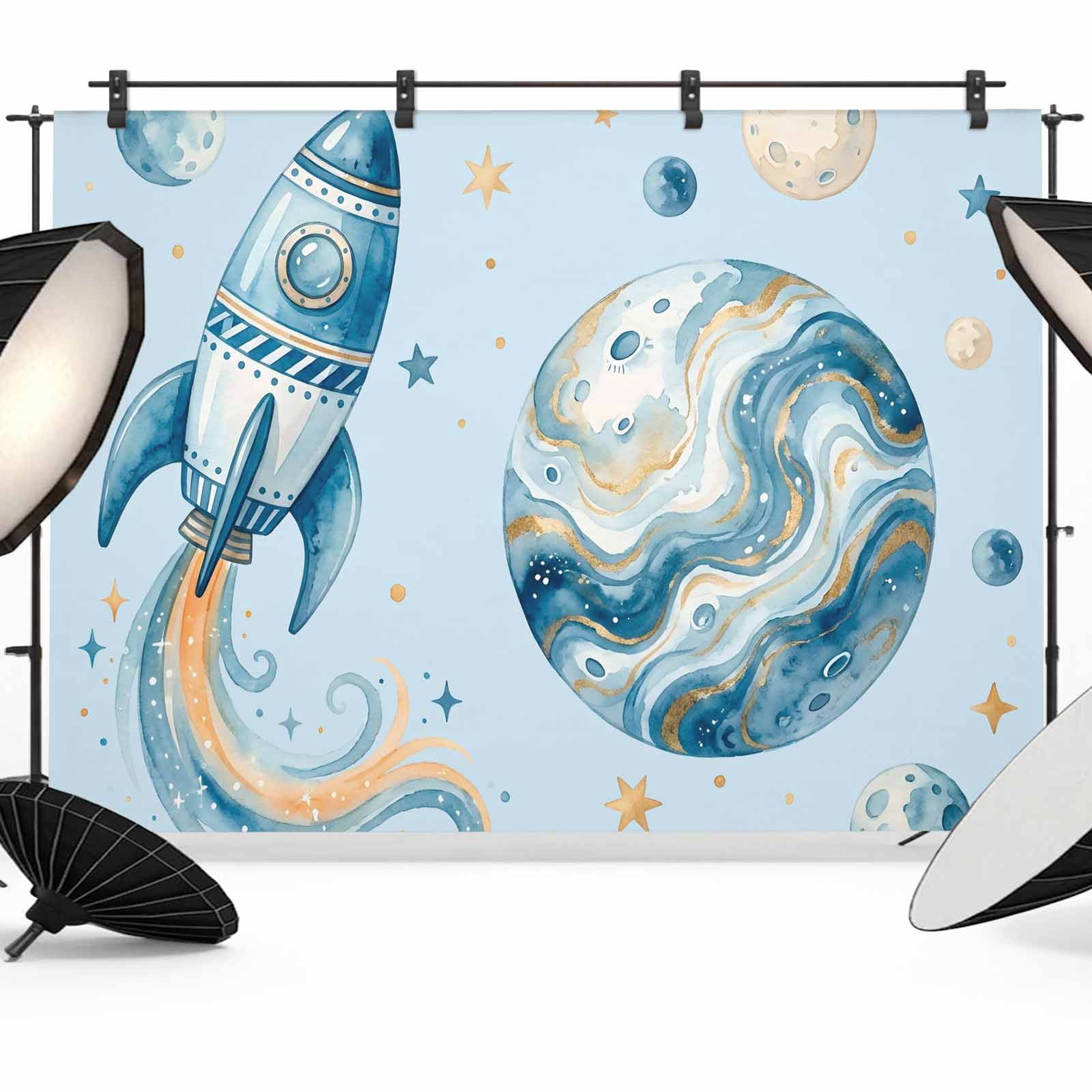 7x5ft Photo Backdrop, Light Blue Space Rocket Soft Polyester Backdrop ...