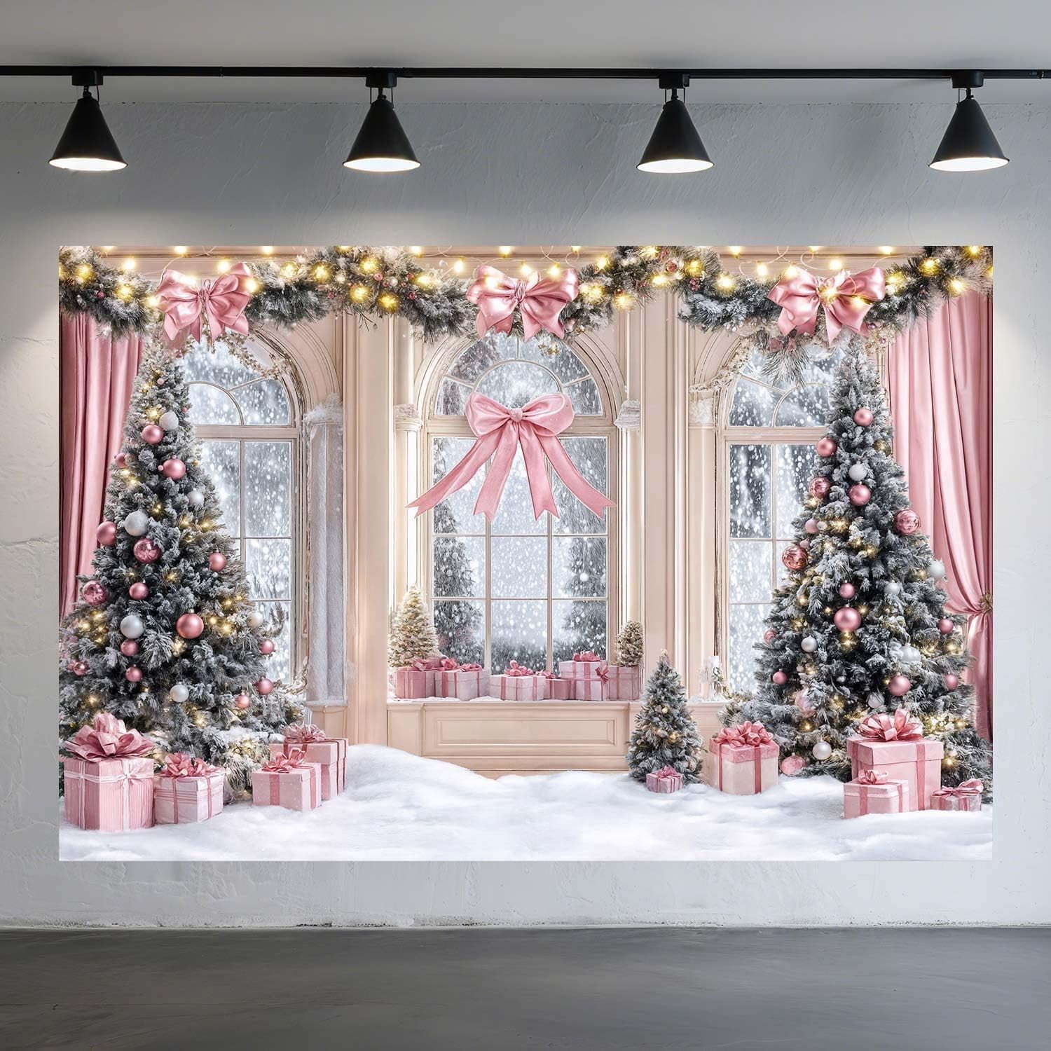 7x5ft Pink Christmas Backdrop Pink Bow Winter Snow Scene Pink Xmas Tree ...