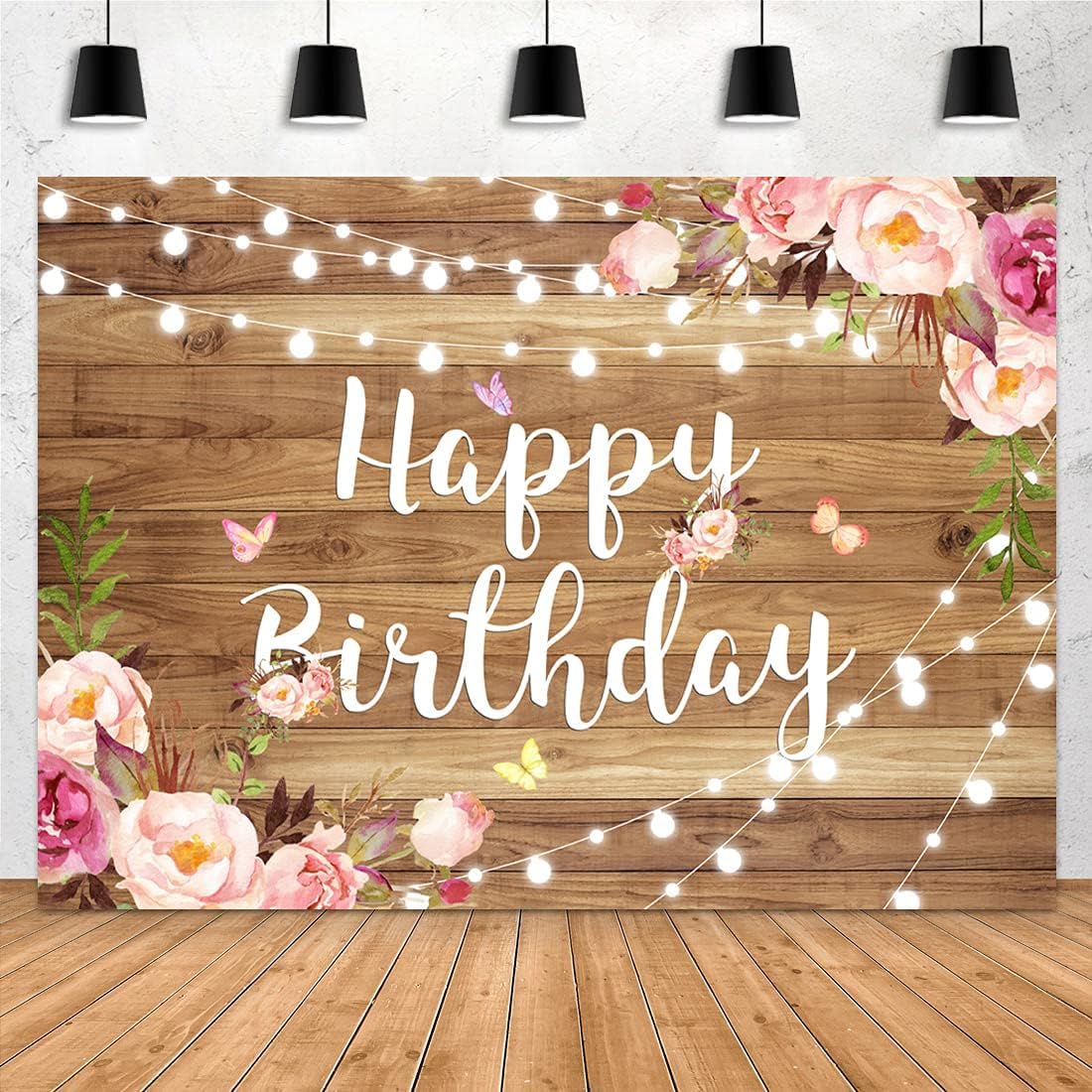7x5ft Pink Floral Happy Birthday Backdrop | Butterfly Wooden Floor ...