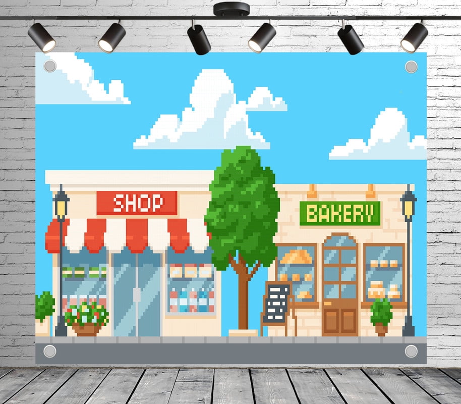 7x5ft Pixel Art Backdrop Cartoon Storefront Photo Backdrop Street Shop ...