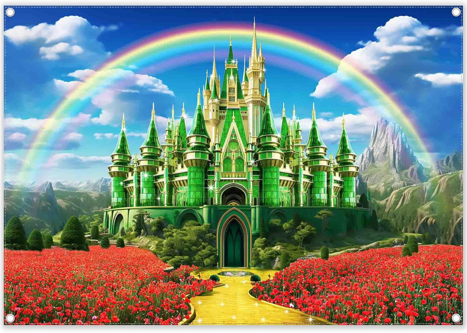7x5ft Polyester Green Castle Backdrop Yellow Brick Road Rainbow Sky ...