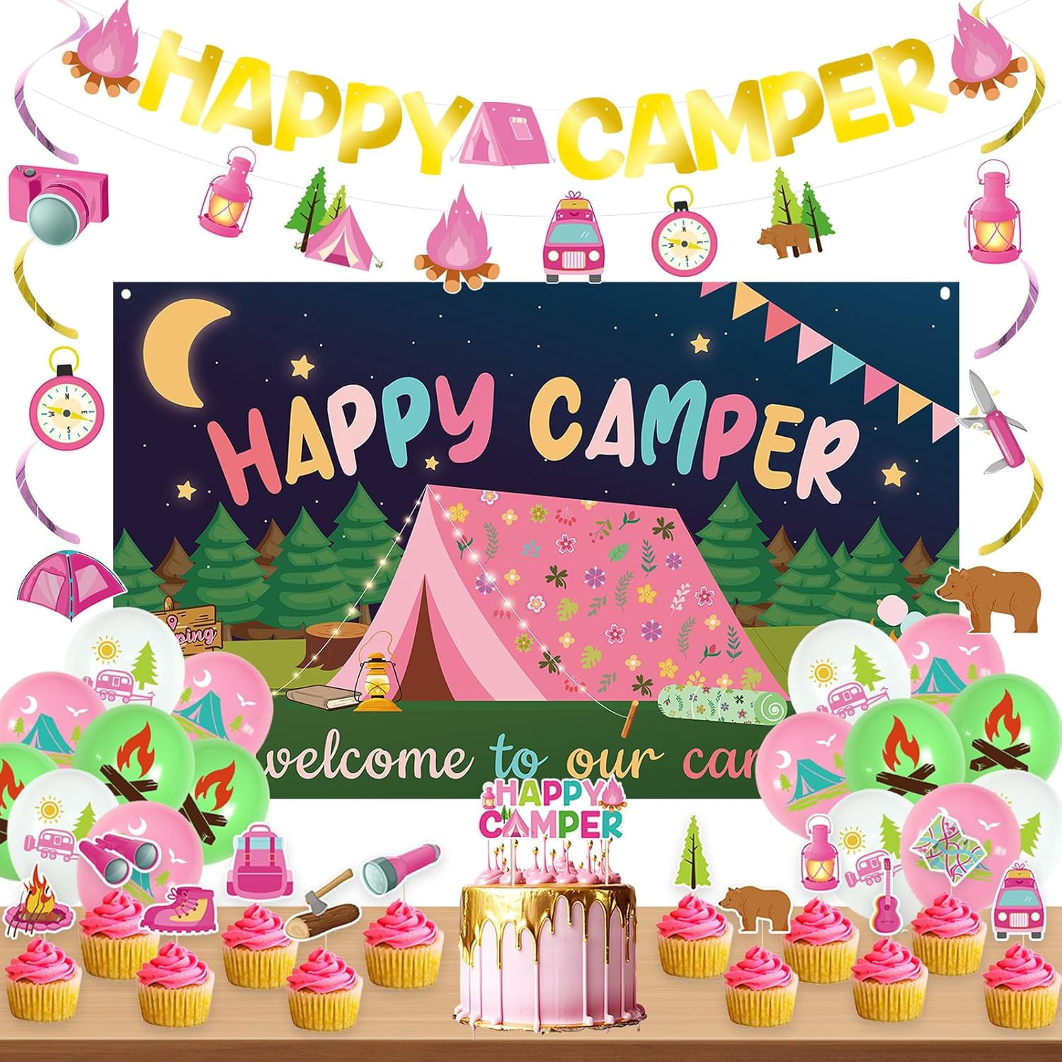 7x5ft Pretty Backdrop Camping Party Decorations, Pink Happy Camper ...