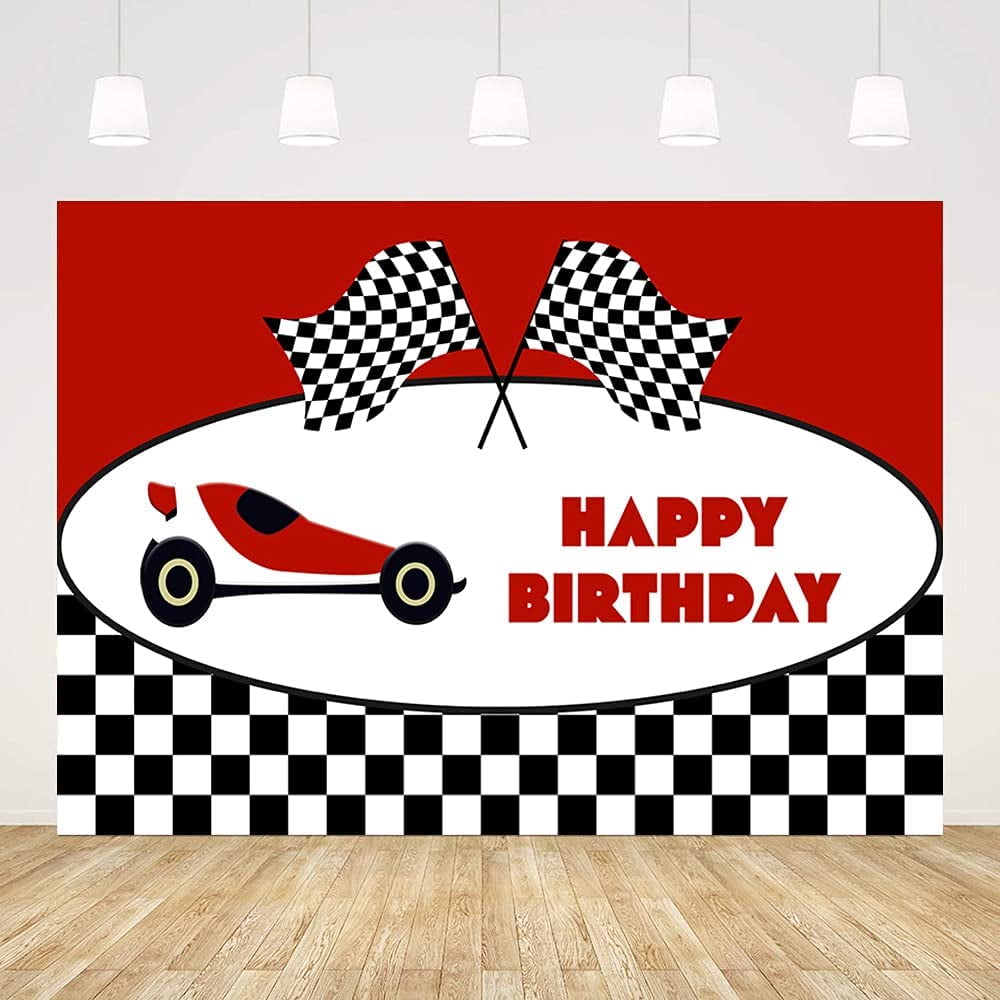 7x5ft Racing Theme Happy Birthday Backdrop Black White Grid Flag Red ...