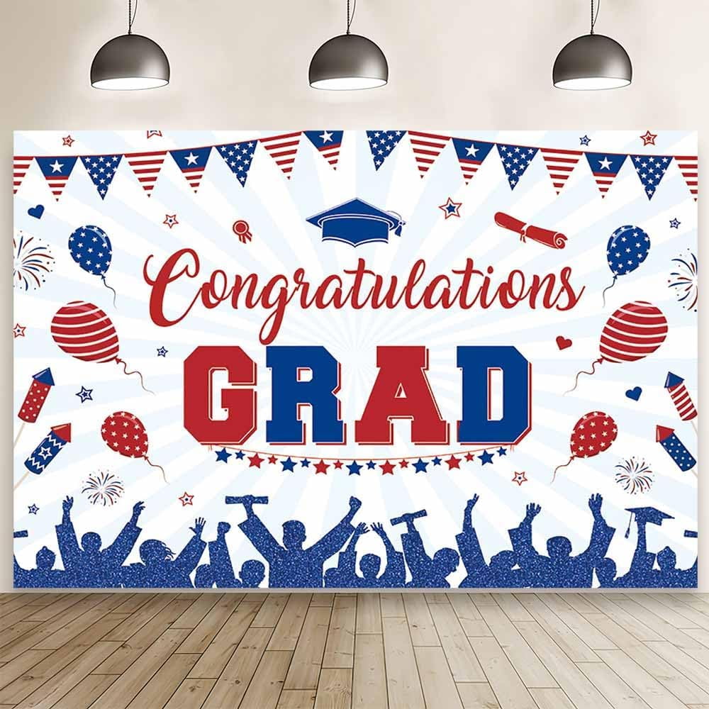 7x5ft Red White and Blue Congrats Grad Backdrop Class of 2024 ...