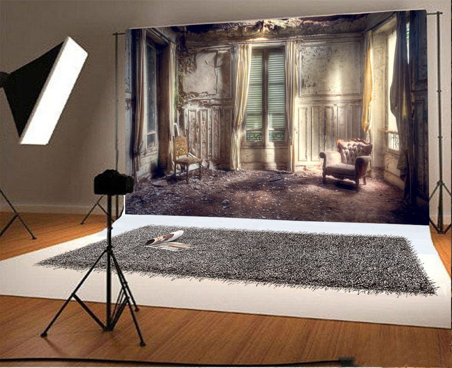 7x5ft Ruined Shabby Room Backdrop Vintage Wood Door Sofa Chair Grunge ...