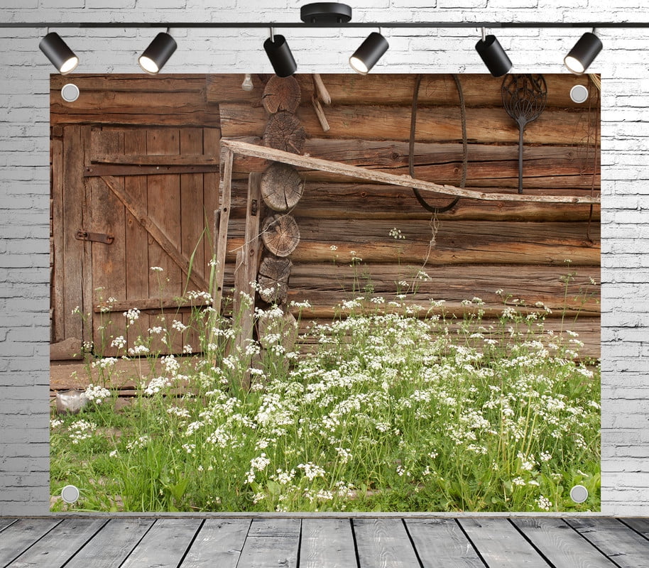 7x5ft Rustic Backdrop Wooden Cabin with Wildflowers Photo Backdrop ...