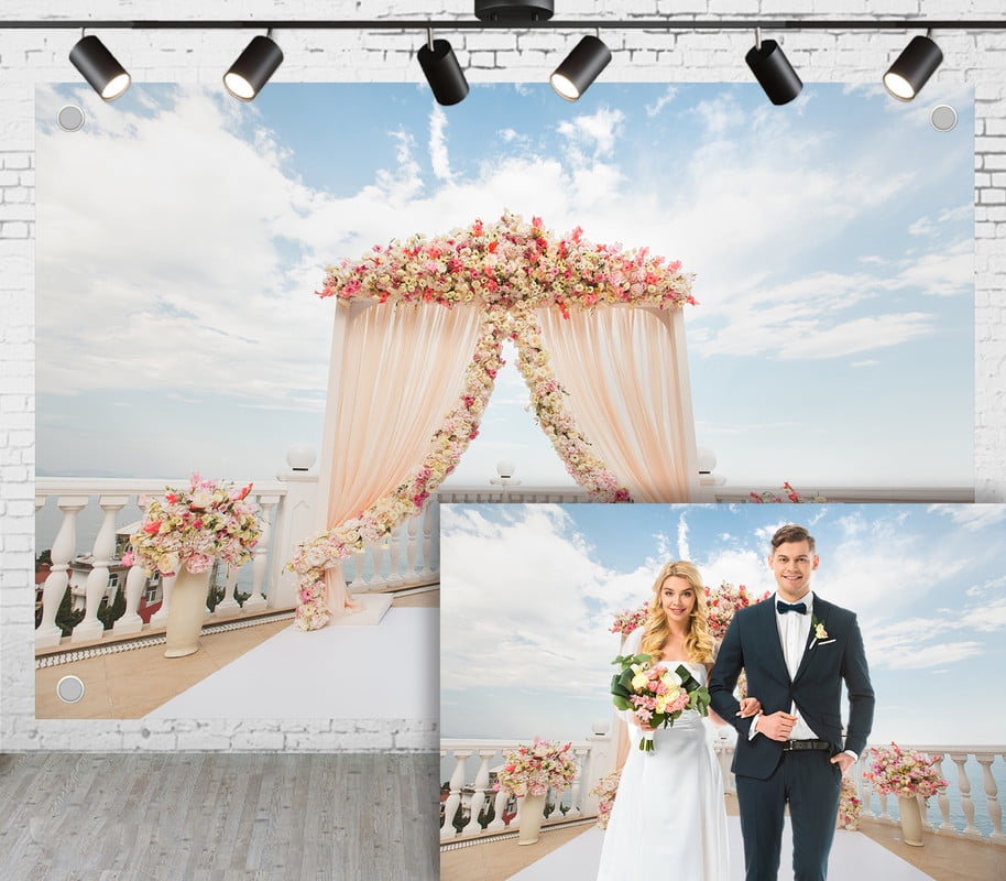 7x5ft Sea View Terrace Wedding Photoshoot Backdrop Light Pink Tulle ...