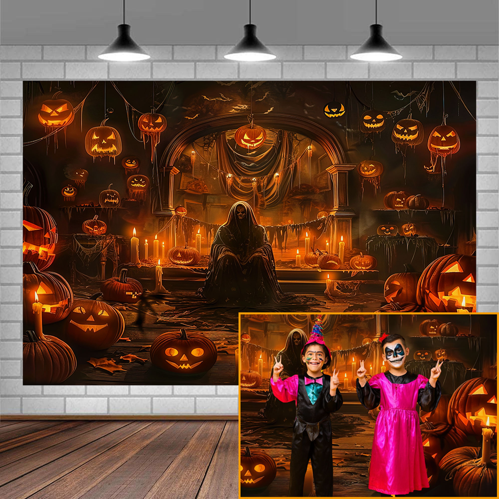 7x5ft Spooky Halloween Backdrop Skull Orange Happy Hallowmas Pumpkin ...
