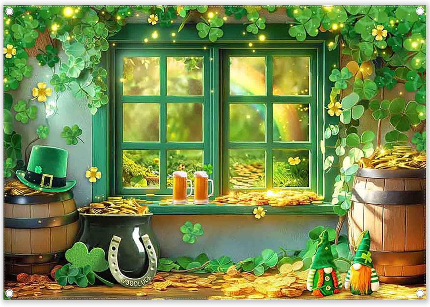 7x5ft St. Patrick's Day Backdrop Spring Window Lucky Shamrock Gold Coins Photography Background ...