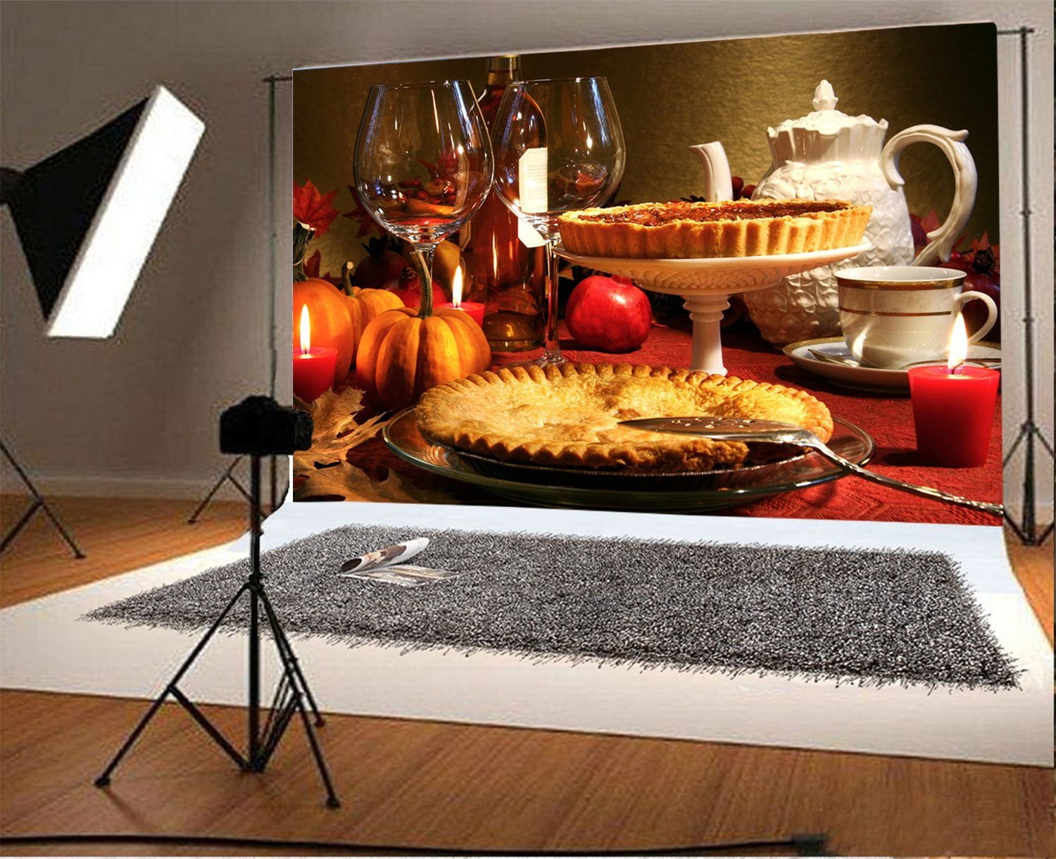 7x5ft Table Delicacies Backdrop Delicious Food Red Candle Pumpkin ...